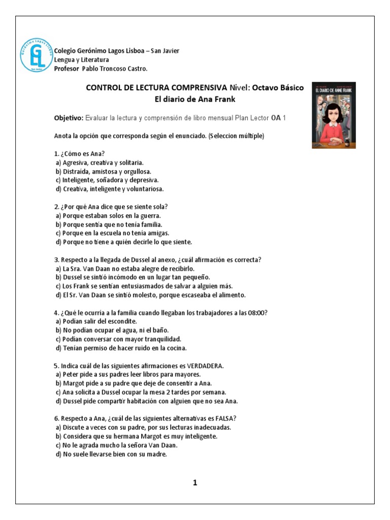 Control de Lectura Ana Frank | PDF