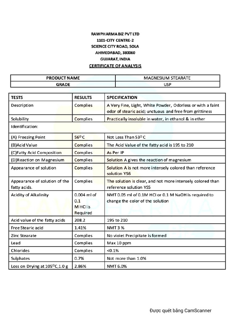 CoA Magnesium Stearate | PDF