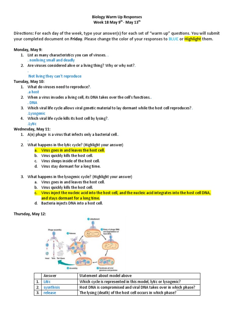 21-22 S2 Week 18 Biology Warm Up Responses May 9 - May 13 | PDF | Virus ...