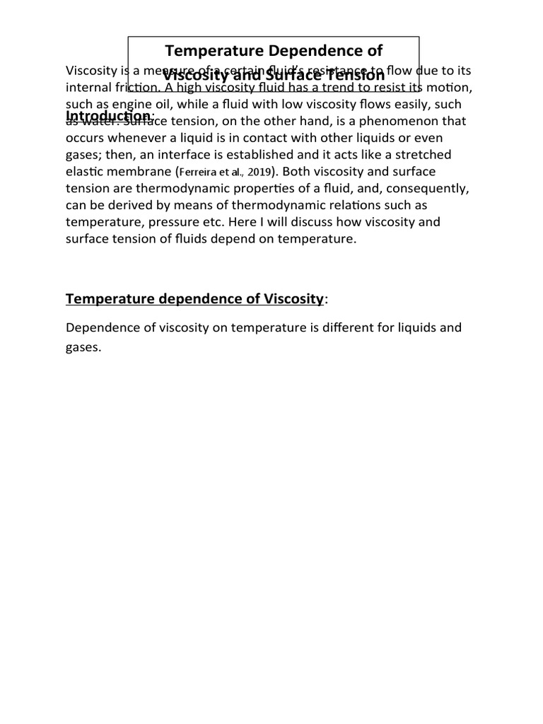 Temperature Dependence of Viscosity and Surface Tension: Ferreira Et Al ...