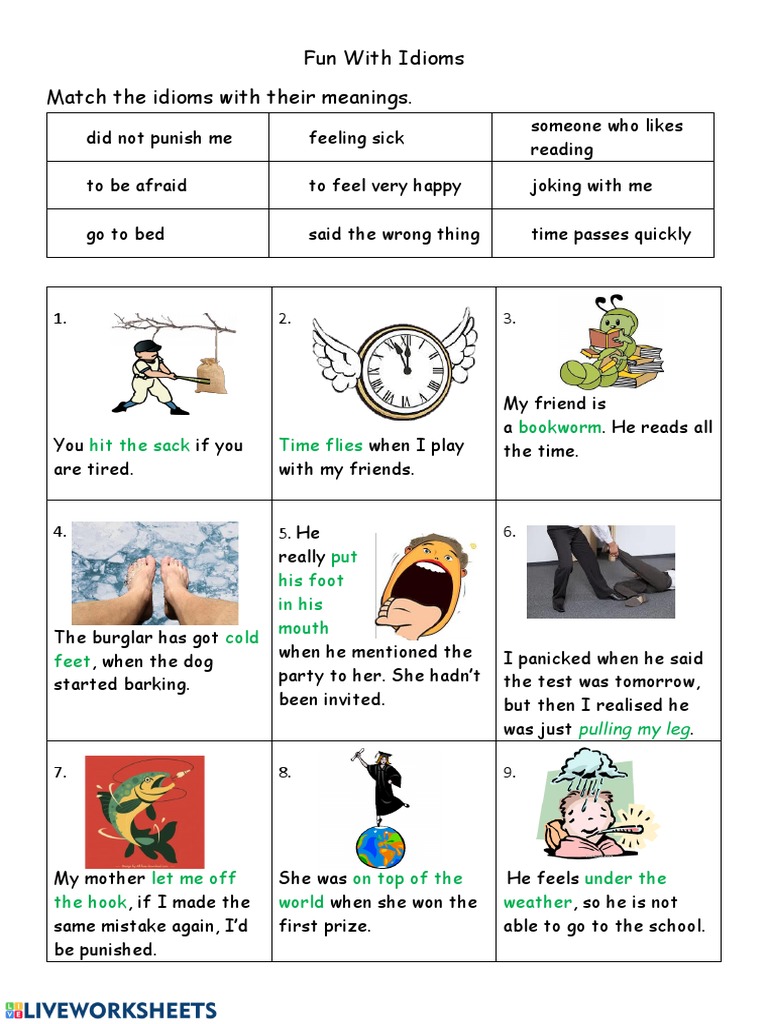 Fun With Idioms Match The Idioms With Their Meanings.: Hit The Sack ...