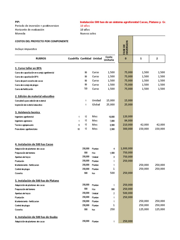 Modelo Costos PIP Agrof Nov17 | PDF | Economias | Agricultura
