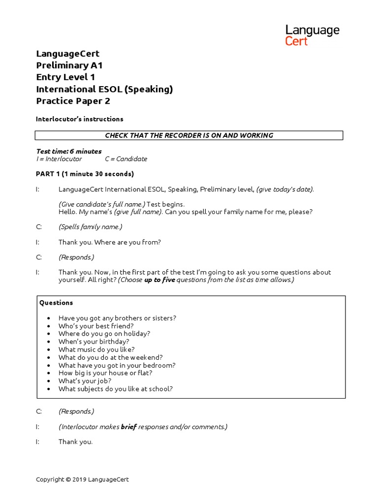 Speaking Test A1-IESOL | PDF