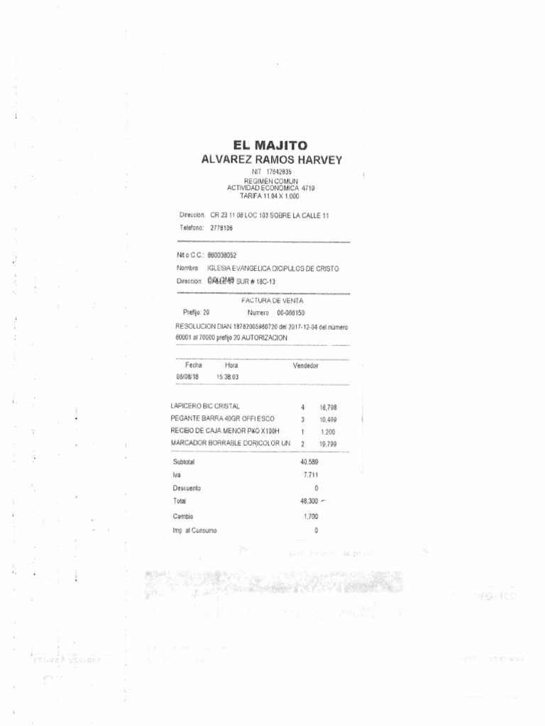 FACTURA EL MAJITO ALVAREZ RAMOS HARVEY - Ukn17jd8 | PDF