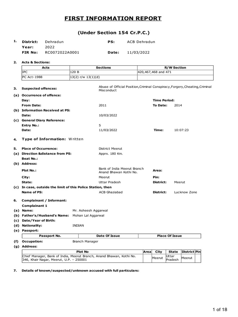 First Information Report: (Under Section 154 CR.P.C.) | Download Free ...