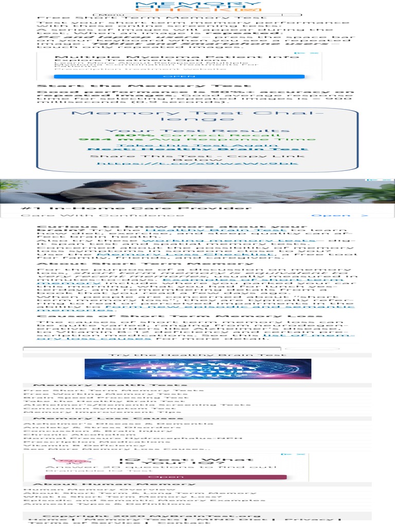 Free Short Term Memory Test - MemoryHealthCheck | PDF | Amnesia | Memory