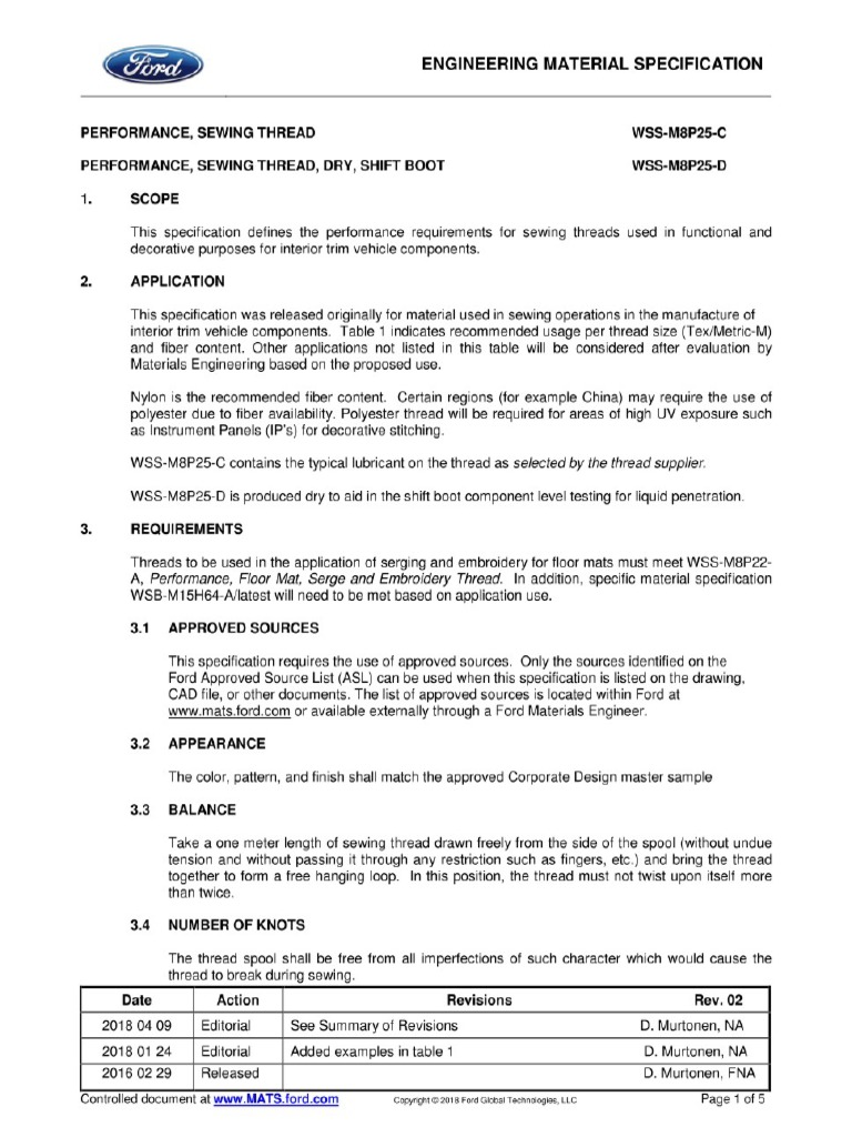 Ford WSS-M8P25-C | PDF | Yarn | Specification (Technical Standard)
