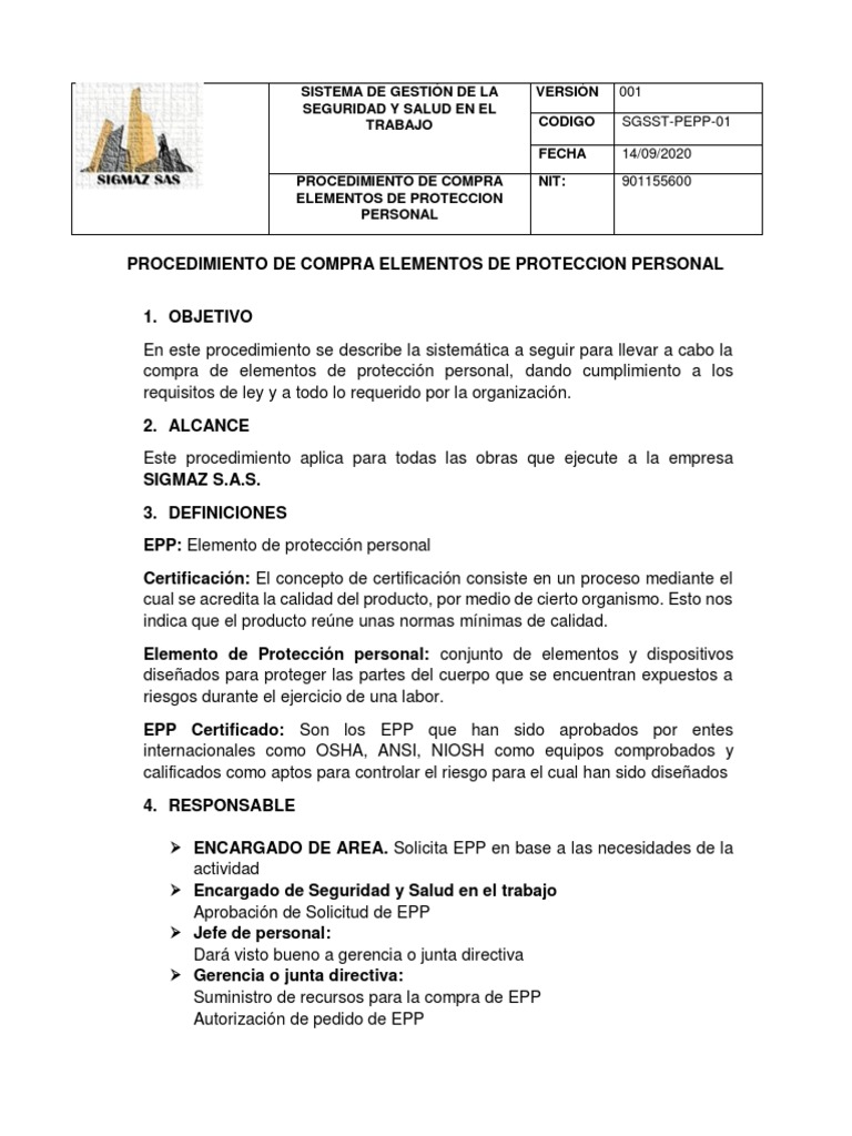 Procedimiento de Compra Elementos de Proteccion Personal | PDF | Calidad (comercial) | Business