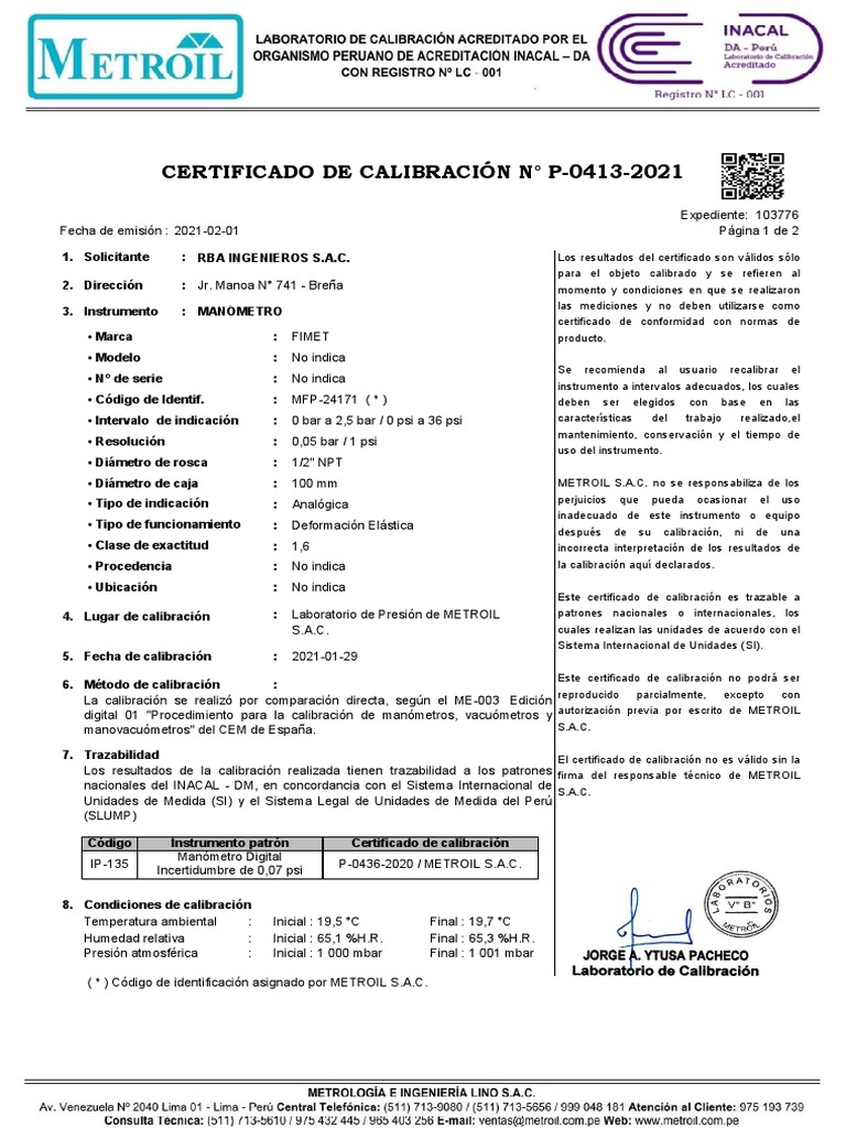 Certificado de calibración manómetro | PDF | Calibración | Metrología