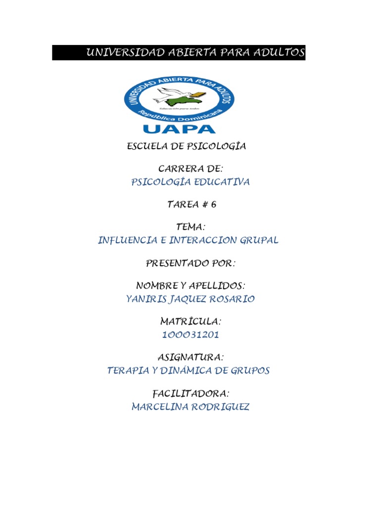 Yaniris Jaquez Tarea 6 Terapia y Dinamica de Grupo | PDF | Psicoterapia ...