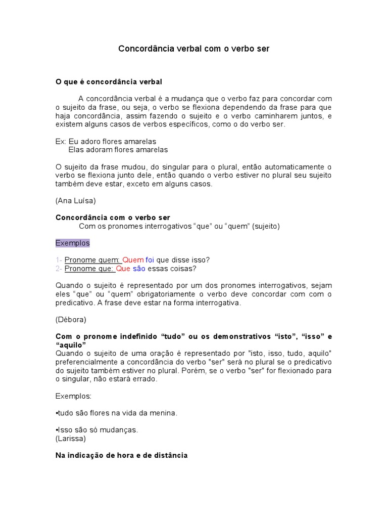 Concordância Verbal com o Verbo Ser | PDF | Assunto (gramática) | Pronome
