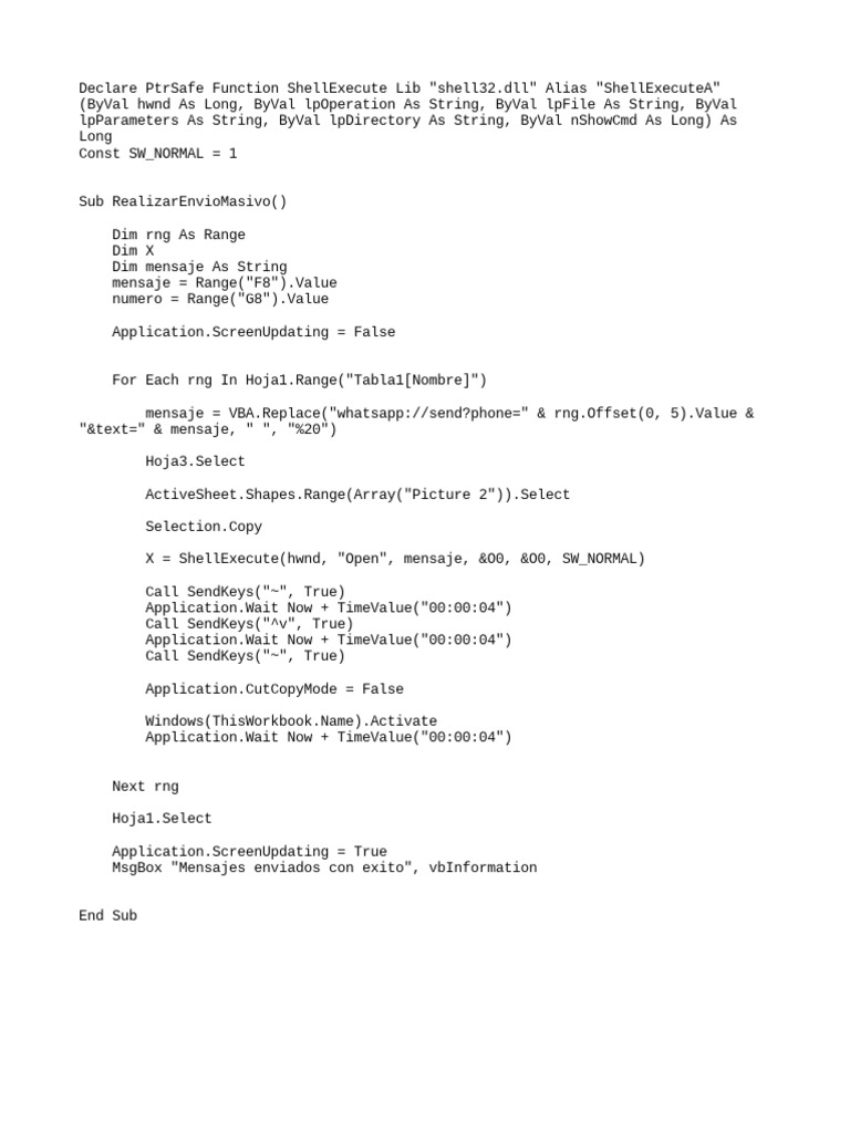 Macro - Codigo para Enviar Whatsapp Con Excel | PDF | Teaching Methods & Materials