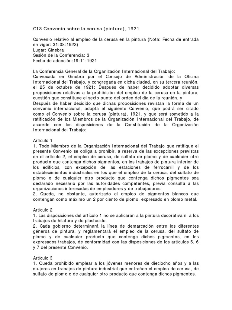 C13 Convenio Sobre La Cerusa | PDF | Organización Internacional del Trabajo | Pinturas