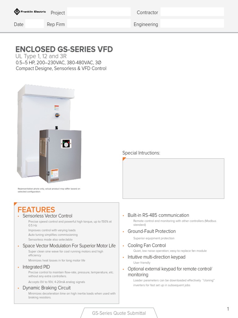GS-Series Enclosed VFD Product Specification and Submittal Sheet for 0. ...