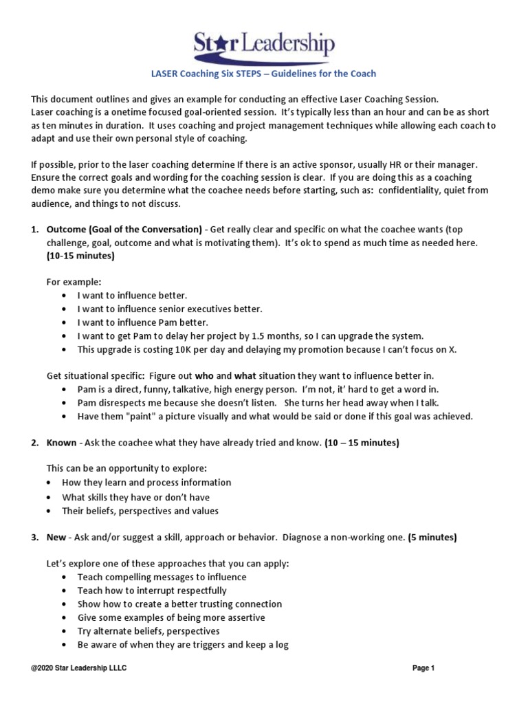LASER Coaching Six STEPS - Guidelines For The Coach: @2020 Star ...