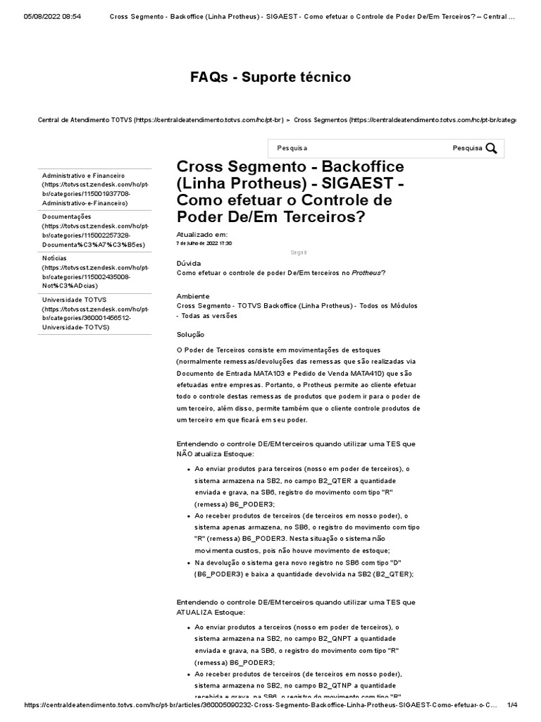 Cross Segmento - Backoffice (Linha Protheus) - SIGAEST - Como Efetuar o Controle de Poder de ...