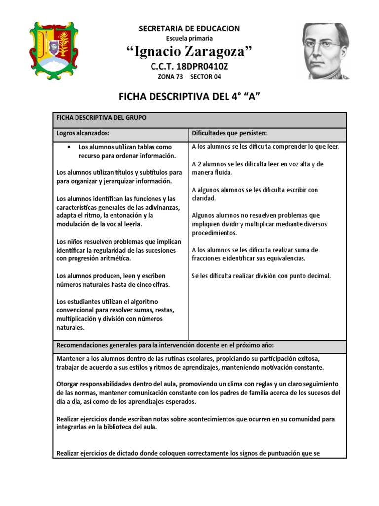 FICHA DESCRIPTIVA DEL 4a | PDF | Educación primaria | Salón de clases