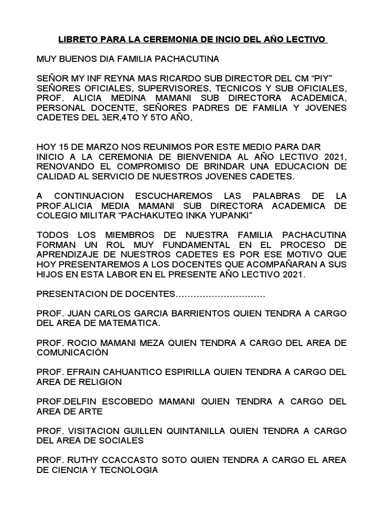 Libreto Ceremonia Inicio de Clases 2021 | PDF