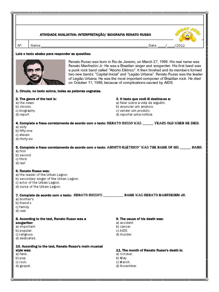 Reading Comprehension Biografia Renato Russo | PDF | Musicians | South ...