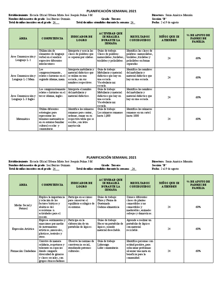 Planificación semanal de actividades académicas y de apoyo ...