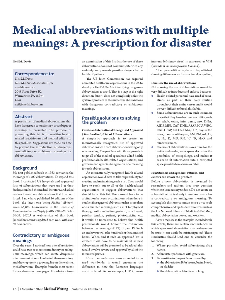 Medical Abbreviations With Multiple Meanings: A Prescription For ...