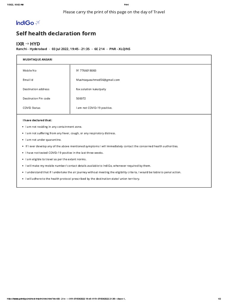 Self Health Declaration Form: IXR HYD | PDF | Epidemics | Global Health