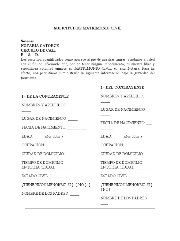 Minuta Solicitud de Matrimonio Civil | PDF | Anulación | Justicia
