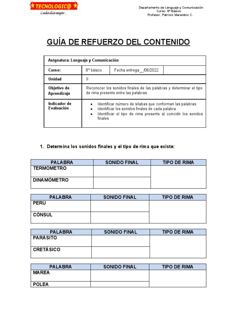 Guía 8b - Sonidos Finales y Tipos de Rima | PDF | Estudios de idiomas ...