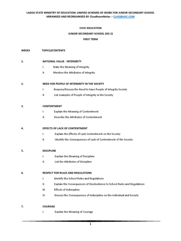 Civic Education Scheme of Work For Junior Secondary School JSS 2 | PDF ...