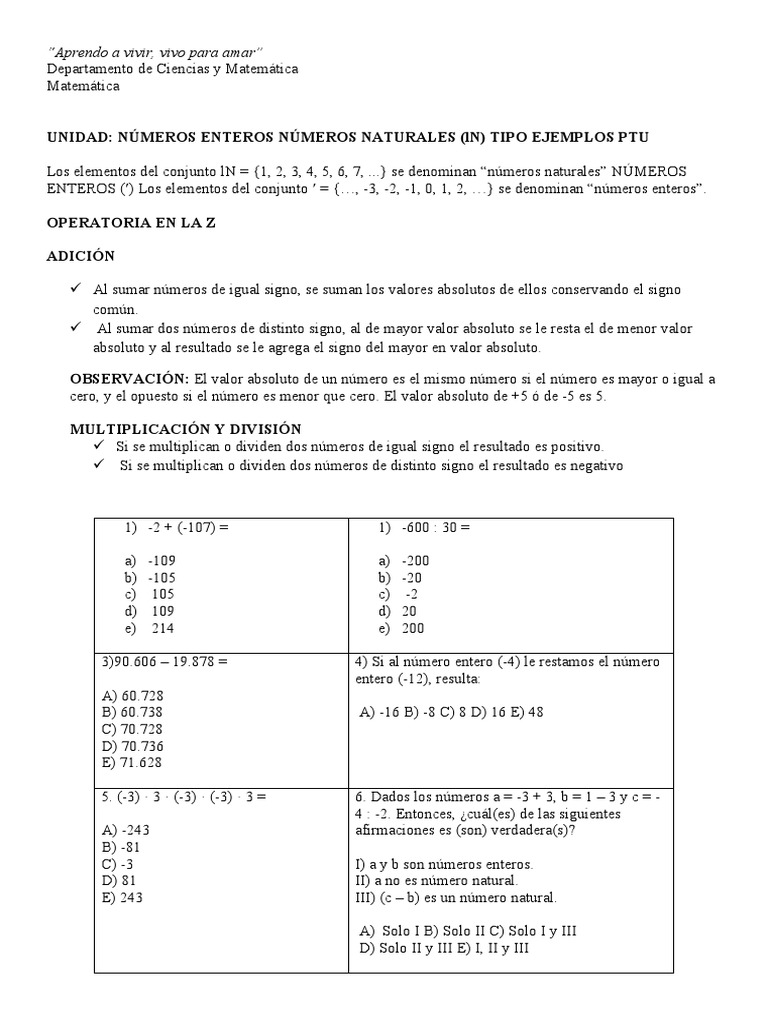 Números Enteros y Naturales: Ejercicios y Reglas | PDF