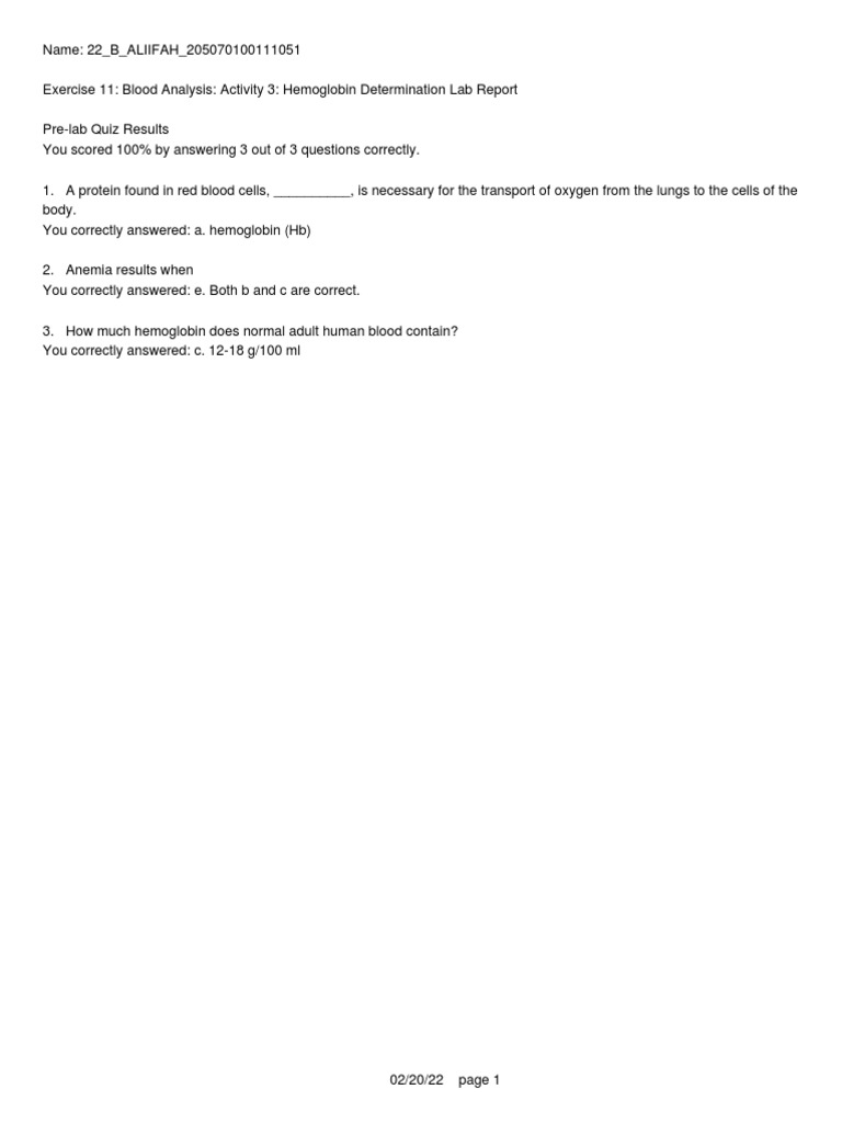 Hemoglobin Lab Analysis Report | PDF | Blood | Tissue (Biology)