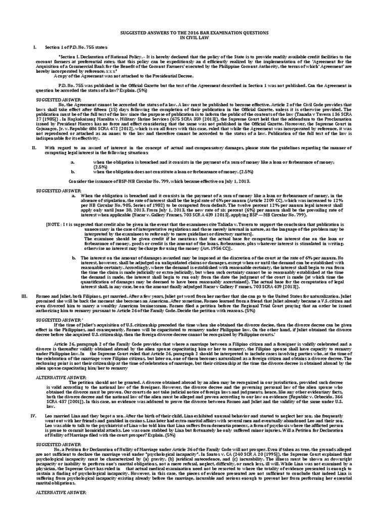 Suggested Answers To The 2016 Bar Examination Questions in Civil Law ...