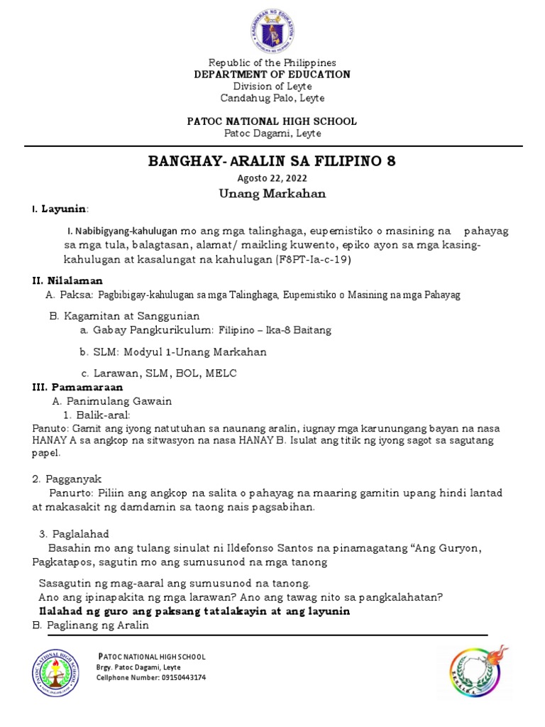 Banghay Aralin Sa Filipino 8 q1 - 093713 | PDF