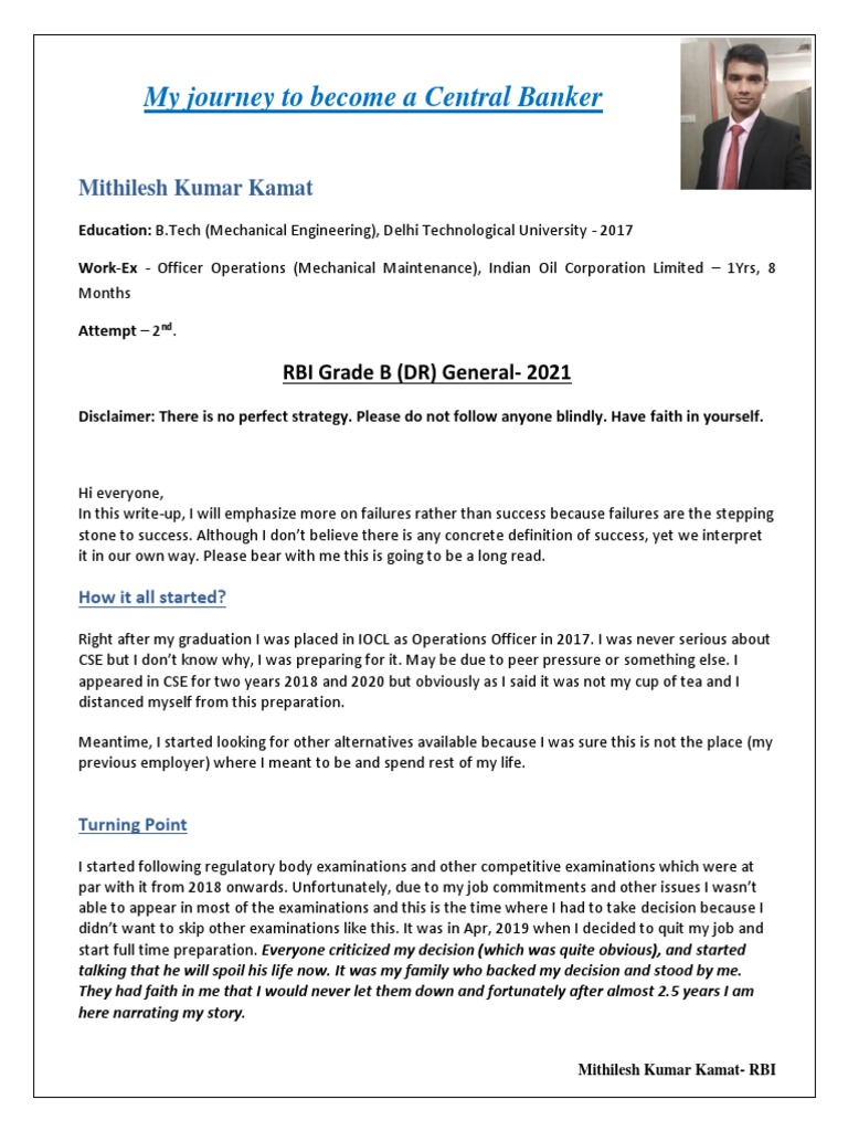My Journey To Become A Central Banker: Mithilesh Kumar Kamat | PDF | Reserve Bank Of India ...