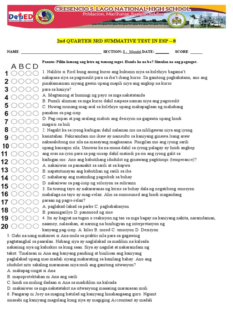 2ND Quarter 3RD Suimmative Test Esp 8 | PDF