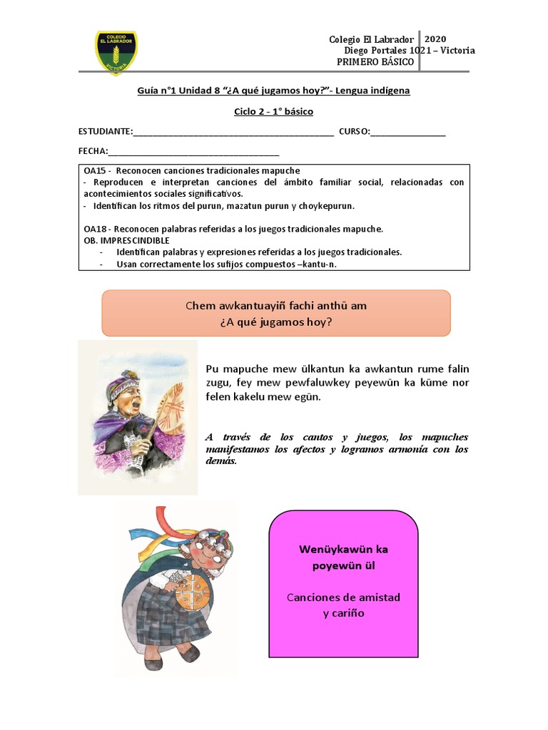 Guía N°1 Unidad 8 Lengua Indígena 1°básico | PDF | Chile | Pueblos ...