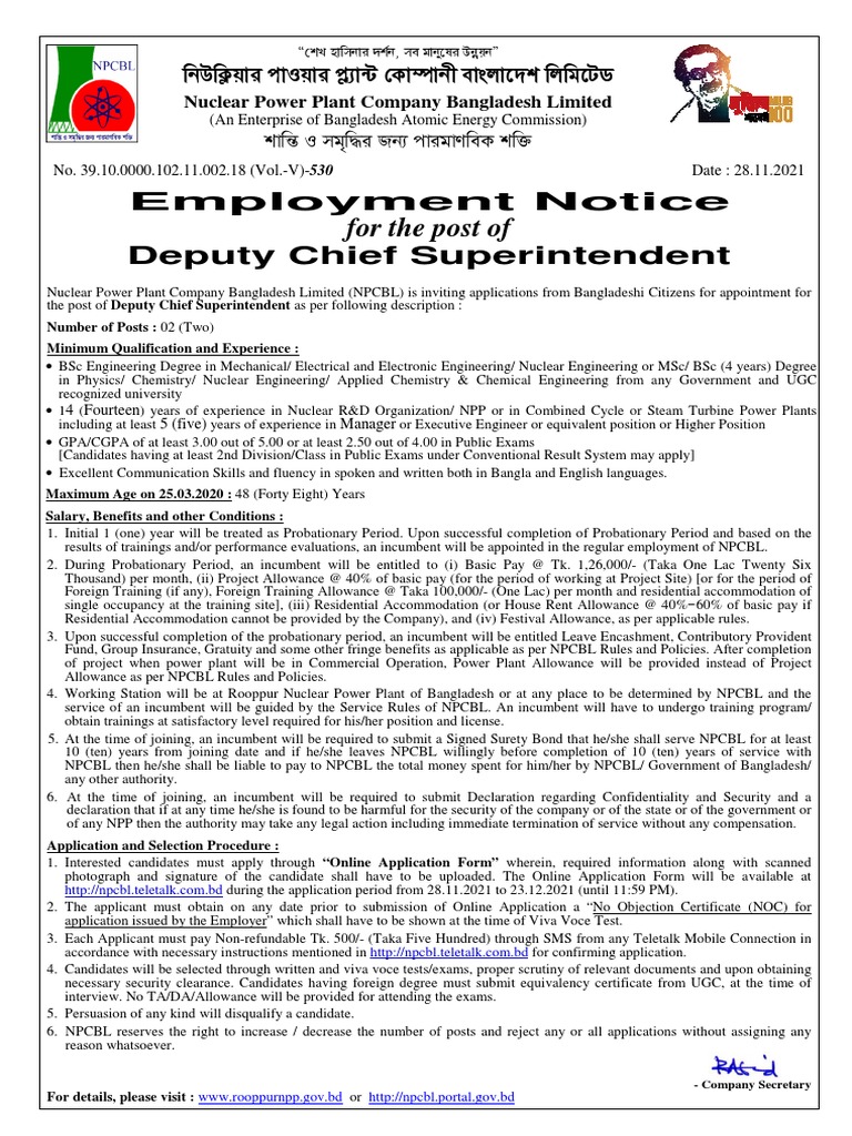 For The Post Of: Employment Notice Deputy Chief Superintendent | PDF | Engineering | Nuclear ...