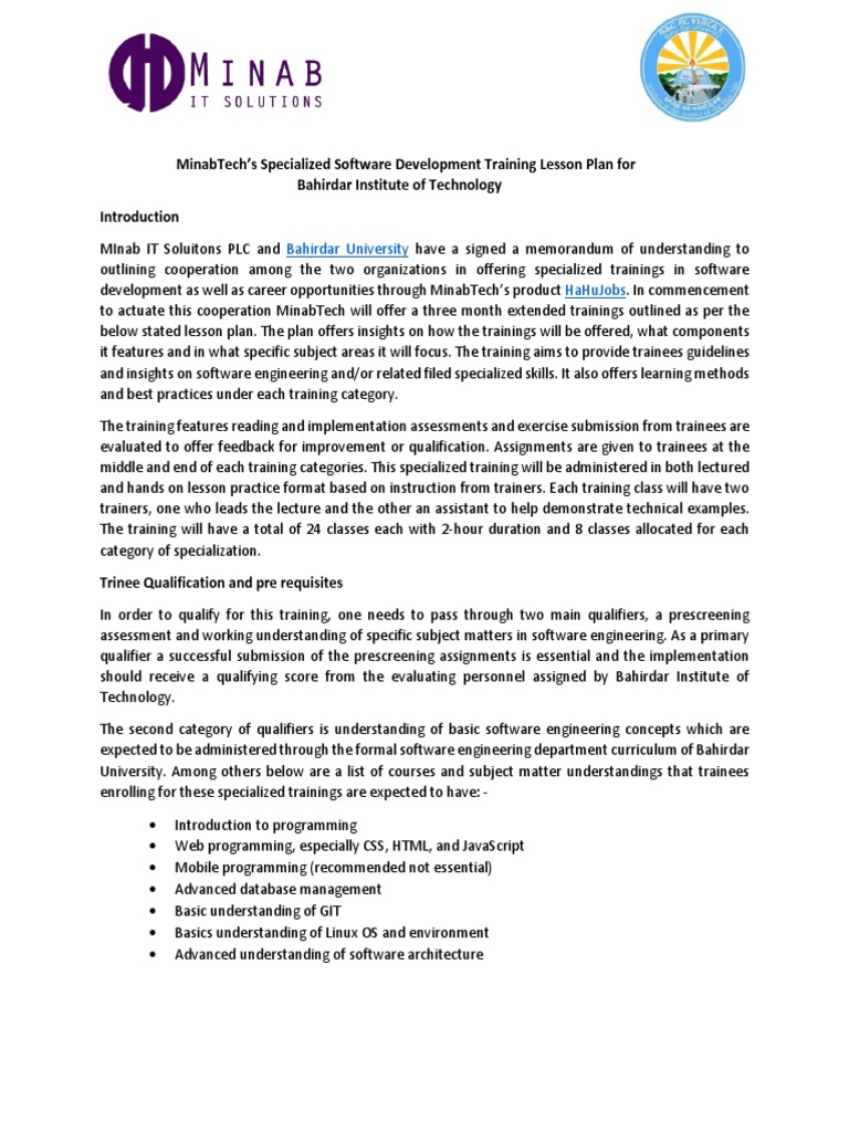 Minabtech'S Specialized Software Development Training Lesson Plan For Bahirdar Institute of ...