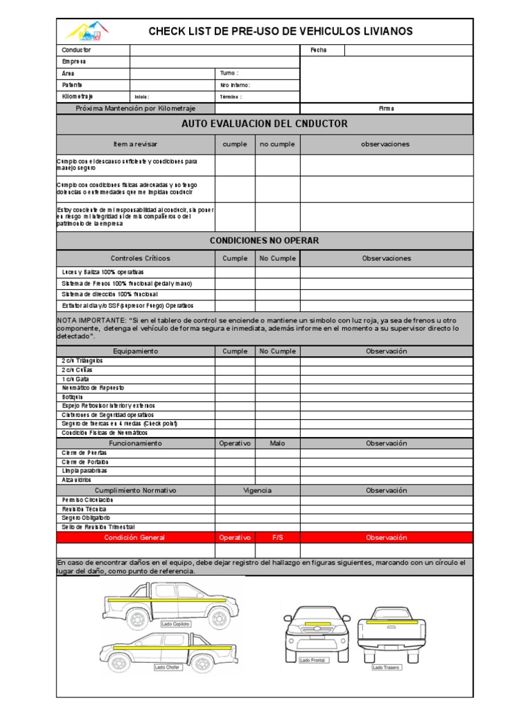 Check List de Pre-Uso de Vehiculos Livianos (Agosto 2020) | PDF ...