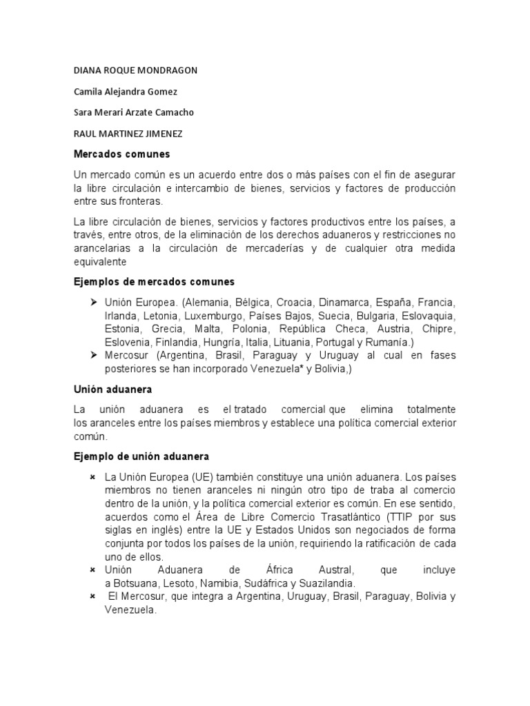 Mercados Comunes y Uniones Aduaneras | PDF | Unión Económica Y ...