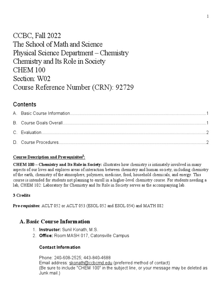 CHEM 100 Syllabus Fall 2022 Konath | PDF | Chemistry | Test (Assessment)