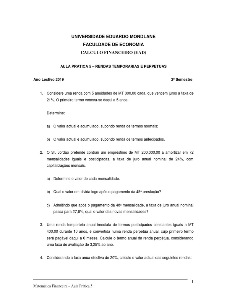 Aula Pratica 5 Sem II 2019 | Download grátis PDF | Juros | Empréstimos