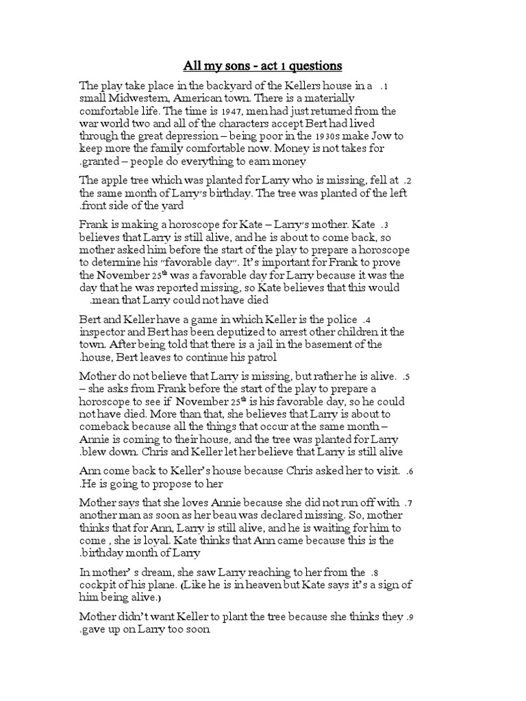 All My Sons - Questions of Act 1 | PDF