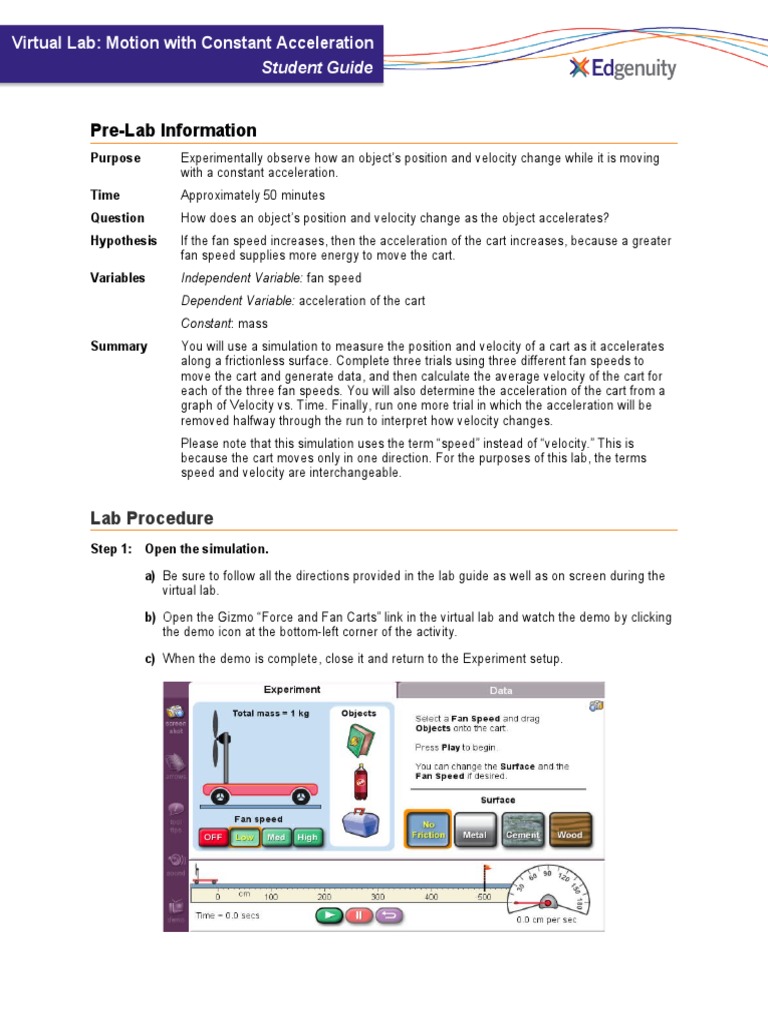 Virtual Lab Guide - Motion With Constant Acceleration - Student Guide ...