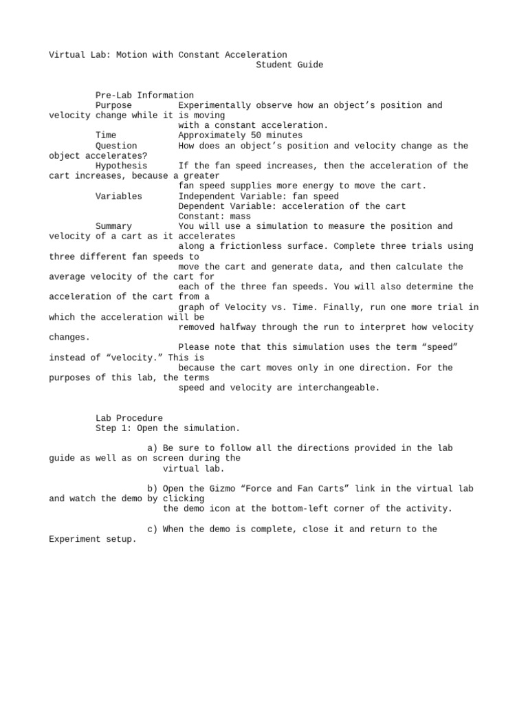 Virtual Lab Guide Motion With Constant Acceleration Student Guide | PDF ...