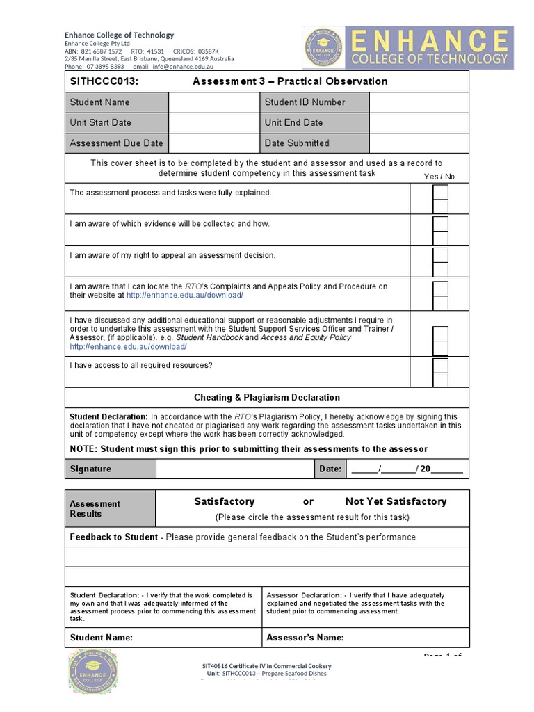 Certificate IV Seafood Cookery Assessment | PDF | Foods | Kitchen Utensil