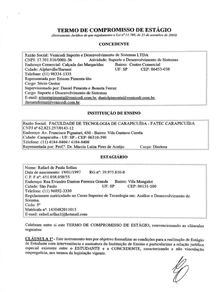 1 Termo de Compromisso de Estágio | PDF 1 Termo de Compromisso de Estágio | PDF