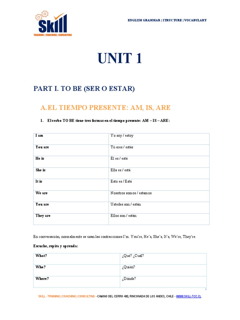 Unit 1: Part I. To Be (Ser O Estar) | PDF