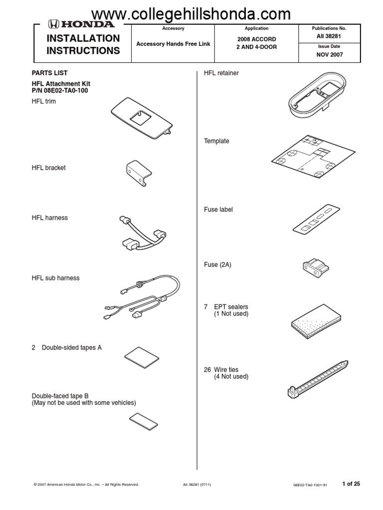 Installation Instructions: Parts List HFL Attachment Kit P/N 08E02-TA0-100 | PDF | Automotive ...
