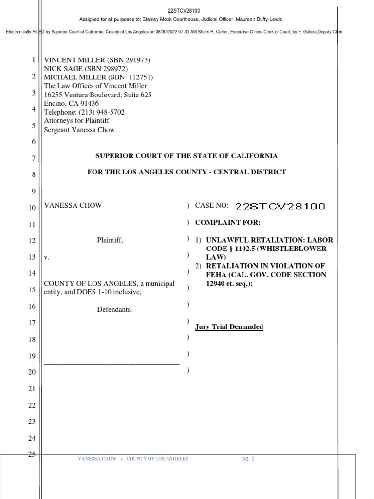 Filed Complaint by LASD Sgt. Vanessa Chow | PDF | Whistleblower | Justice